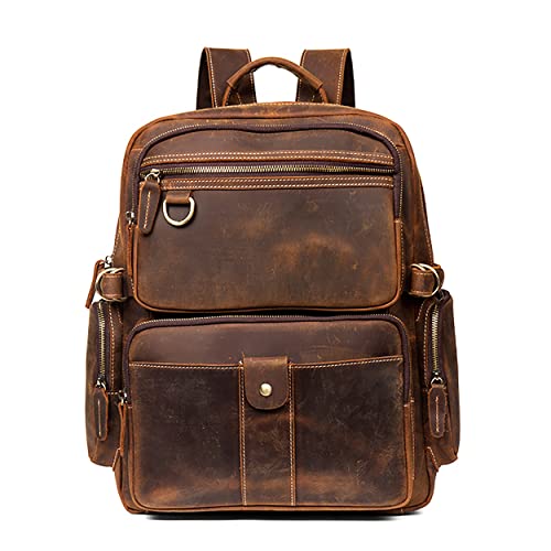 PAHVRION Men's Vintage Leather Backpack Casual Daypack Fits 15.6 Inch Laptop Brown Travel Rucksack Business Work Hiking Daypack