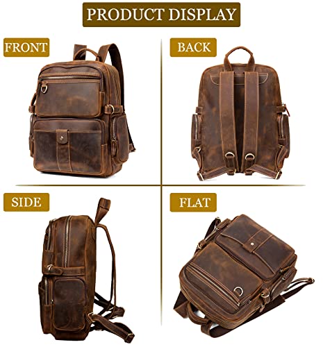 PAHVRION Men's Vintage Leather Backpack Casual Daypack Fits 15.6 Inch Laptop Brown Travel Rucksack Business Work Hiking Daypack