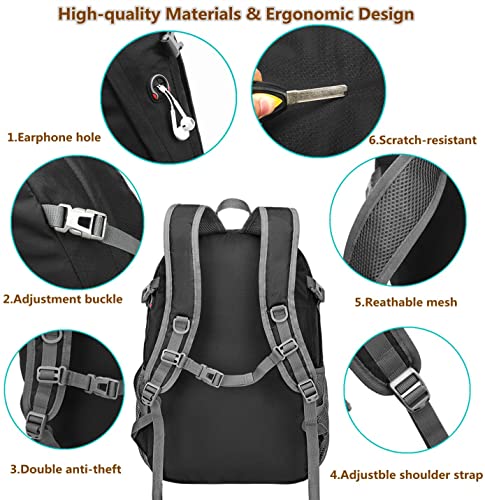 JIELV 30L Lightweight Foldable Waterproof Packable Daypack Small Hiking Backpack Travel Camping Outdoor for Men Women(Black)