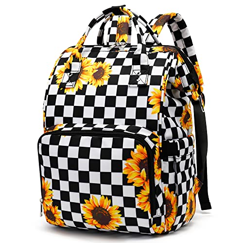 Laptop Backpack for Women, 15.6 inch College School Backpacks Bookbag for Work/School/Travel/Business (Checkered Sunflower)