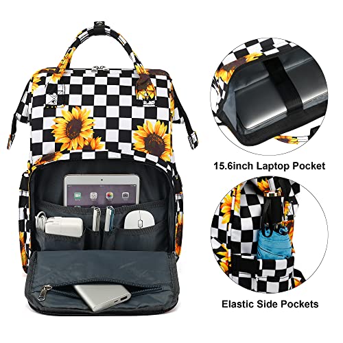 Laptop Backpack for Women, 15.6 inch College School Backpacks Bookbag for Work/School/Travel/Business (Checkered Sunflower)