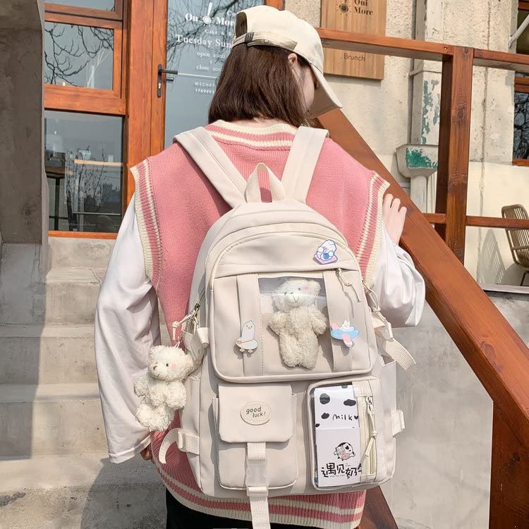 CHERSE Kawaii School Backpack for Teen Girls Back to School Aesthetic Cute Adorable Lovely with Kawaii Pin and Cute Accessory (White)