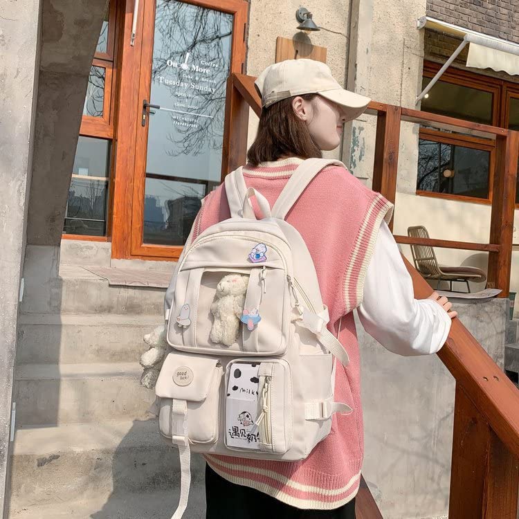 CHERSE Kawaii School Backpack for Teen Girls Back to School Aesthetic Cute Adorable Lovely with Kawaii Pin and Cute Accessory (White)