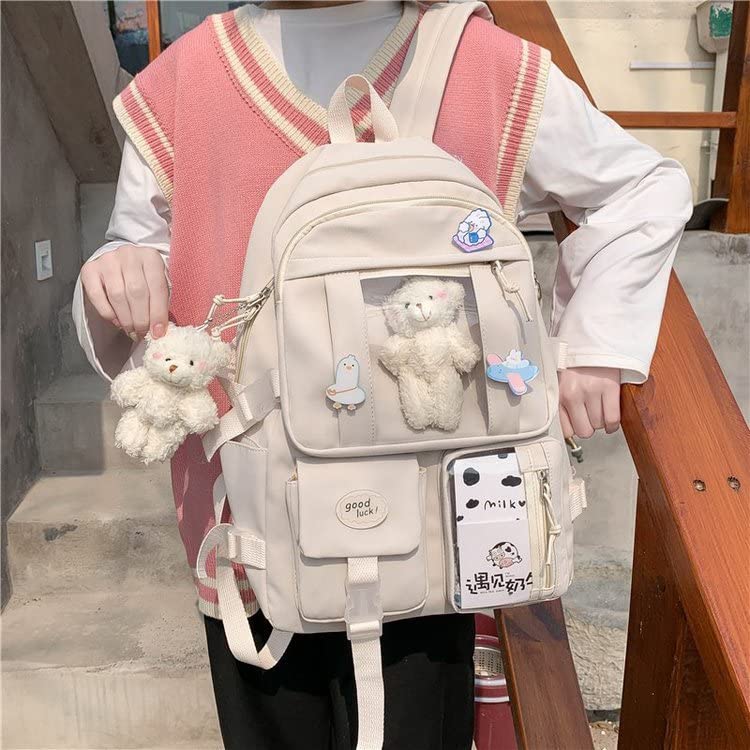 CHERSE Kawaii School Backpack for Teen Girls Back to School Aesthetic Cute Adorable Lovely with Kawaii Pin and Cute Accessory (White)