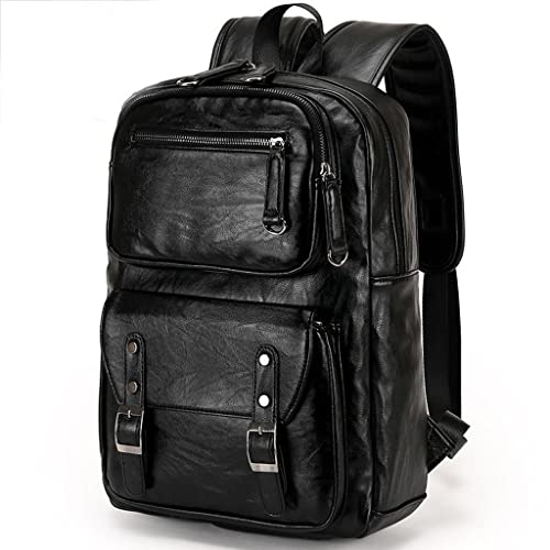 WQXD Retro 100% Real Leather Backpack，Man Casual Genuine Leather Daypack，Male Business、School、Office Leisure Travel Computer Rucksack (Color : Black, Size : 15.6inchs)