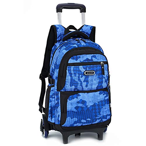 LAMOGRAFY Camo Prints Kids Rolling Backpack Trolley Schoolbag Wheeled Travel suitcase Boys Blue-six Wheels