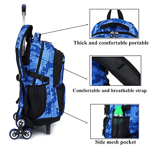 LAMOGRAFY Camo Prints Kids Rolling Backpack Trolley Schoolbag Wheeled Travel suitcase Boys Blue-six Wheels