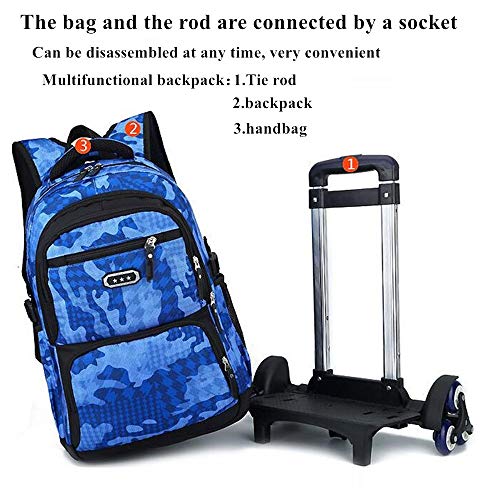 LAMOGRAFY Camo Prints Kids Rolling Backpack Trolley Schoolbag Wheeled Travel suitcase Boys Blue-six Wheels