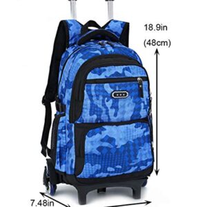 LAMOGRAFY Camo Prints Kids Rolling Backpack Trolley Schoolbag Wheeled Travel suitcase Boys Blue-six Wheels