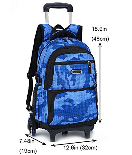 LAMOGRAFY Camo Prints Kids Rolling Backpack Trolley Schoolbag Wheeled Travel suitcase Boys Blue-six Wheels