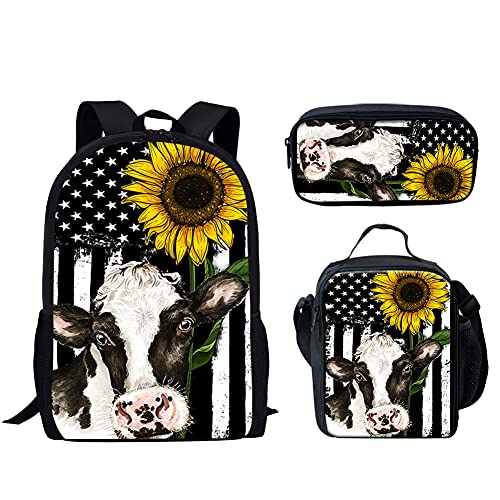 Biyejit Children School Backpack Sunflower Cow Print Kids Bookbag with Thermal Insulated Lunch Tote Purse 3pcs