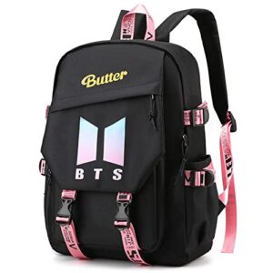 pmguangyin bts butter backpack jin jimin suga jungkook v suga bookbag for girls, black