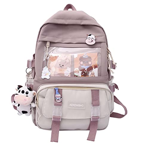 Kawaii Backpack Aesthetic Laptop Bag Large Capacity School Bag 17in Cute Bookbag Backpacks for Girls with Badge&Cute Pendant Pink1