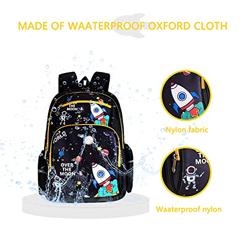 Rafaelle Kids Backpack for Boys Elementary Kindergarten with Astonauts Outer Space Ship Alien Galaxy Prints Large Capacity Preschool School Bag (black, 16 * 12 * 7 Inch / 40 * 30 * 17 cm)