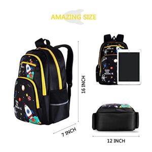 Rafaelle Kids Backpack for Boys Elementary Kindergarten with Astonauts Outer Space Ship Alien Galaxy Prints Large Capacity Preschool School Bag (black, 16 * 12 * 7 Inch / 40 * 30 * 17 cm)