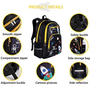 Rafaelle Kids Backpack for Boys Elementary Kindergarten with Astonauts Outer Space Ship Alien Galaxy Prints Large Capacity Preschool School Bag (black, 16 * 12 * 7 Inch / 40 * 30 * 17 cm)