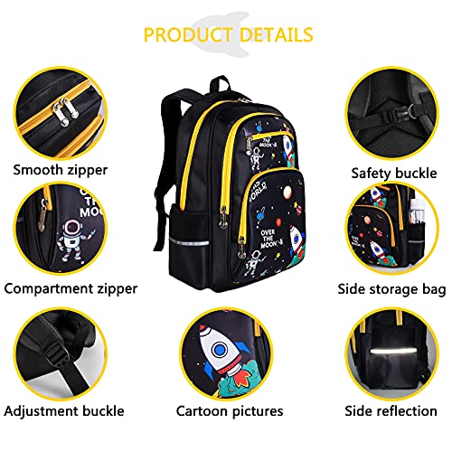 Rafaelle Kids Backpack for Boys Elementary Kindergarten with Astonauts Outer Space Ship Alien Galaxy Prints Large Capacity Preschool School Bag (black, 16 * 12 * 7 Inch / 40 * 30 * 17 cm)