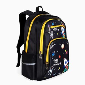 Rafaelle Kids Backpack for Boys Elementary Kindergarten with Astonauts Outer Space Ship Alien Galaxy Prints Large Capacity Preschool School Bag (black, 16 * 12 * 7 Inch / 40 * 30 * 17 cm)