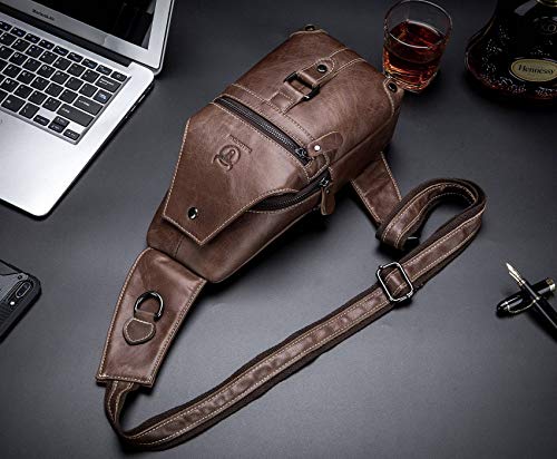 Genuine Leather Sling Bag,Full Grain Leather Chest Bag Casual Crossbody Shoulder Backpack Travel Hiking Vintage Daypacks for Men