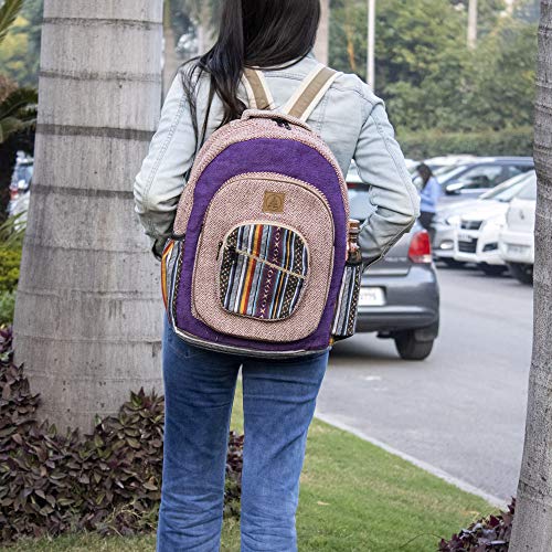 Ojas Yatra Large Hemp Backpack - Handmade Pure Hemp Bags for Women & Men - Boho/Hippie Himalayan Bag for Travel & Festivals - Bohemian/Baja Aztec Purple Backpack