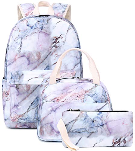 Bluboon Teen Girls School Backpack Kids Bookbag Set with Lunch Box Pencil Case Travel Laptop Backpack Casual Daypacks (Marble 5)