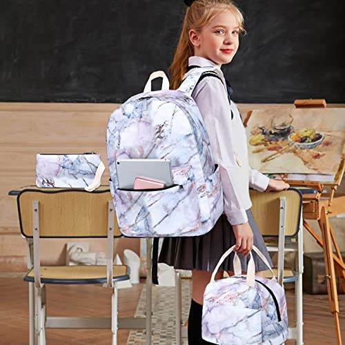 Bluboon Teen Girls School Backpack Kids Bookbag Set with Lunch Box Pencil Case Travel Laptop Backpack Casual Daypacks (Marble 5)