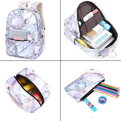 Bluboon Teen Girls School Backpack Kids Bookbag Set with Lunch Box Pencil Case Travel Laptop Backpack Casual Daypacks (Marble 5)