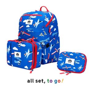 uninni Airplane Kids Backpack Set for Age 5+, with Insulated Lunch Bag and Cute Pencil Case, Lightweight, School and Travel Storage Organizers for Boys and Girls