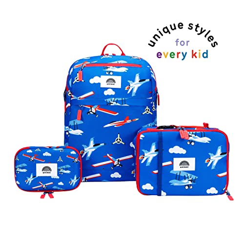 uninni Airplane Kids Backpack Set for Age 5+, with Insulated Lunch Bag and Cute Pencil Case, Lightweight, School and Travel Storage Organizers for Boys and Girls