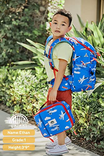 uninni Airplane Kids Backpack Set for Age 5+, with Insulated Lunch Bag and Cute Pencil Case, Lightweight, School and Travel Storage Organizers for Boys and Girls