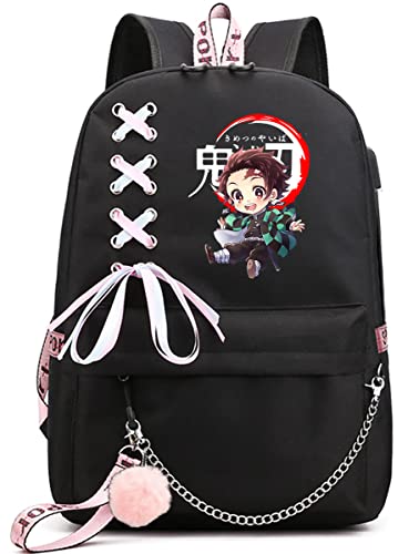 LOVEYANGAG Anime Backpack Kawaii Colleage Bookbag School Bag Casual Daypack Mochila with USB Charging Port (Kamado Tanjirou)