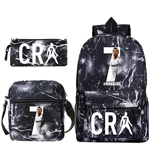 Zapion Teen Boys Cristiano Ronaldo School Backpack-3 Pieces Student Bookbag Canvas Daypack+Shoulder Bag+Pencil Case Set