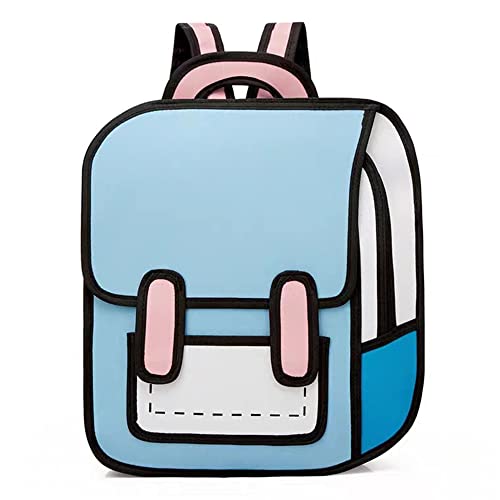 3D Jump Style 2D Drawing Anime Cartoon Backpack, Cartoon Cute Comic Backpack, Shoulder Bag Comic Bookbag for Girls Boy Gifts (Light blue)