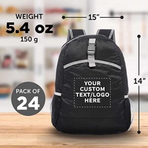 DISCOUNT PROMOS Custom Lightweight Travel Packable Backpacks Set of 24, Personalized Bulk Pack - Perfect for School, Camping, Outdoor Sports - Black