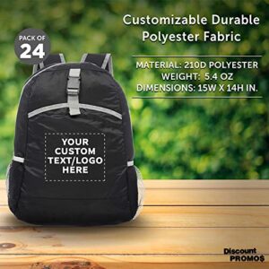 DISCOUNT PROMOS Custom Lightweight Travel Packable Backpacks Set of 24, Personalized Bulk Pack - Perfect for School, Camping, Outdoor Sports - Black