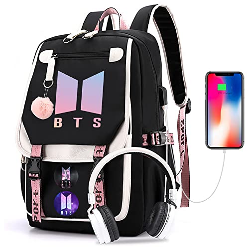 YX&ST Kpop BTS School Backpack Merchandise, Features USB and Audio Cable Interface Breakers, Suitable For Students, BTS Laptop Backpacks and Casual Backpack