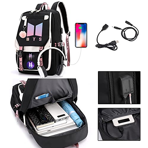 YX&ST Kpop BTS School Backpack Merchandise, Features USB and Audio Cable Interface Breakers, Suitable For Students, BTS Laptop Backpacks and Casual Backpack