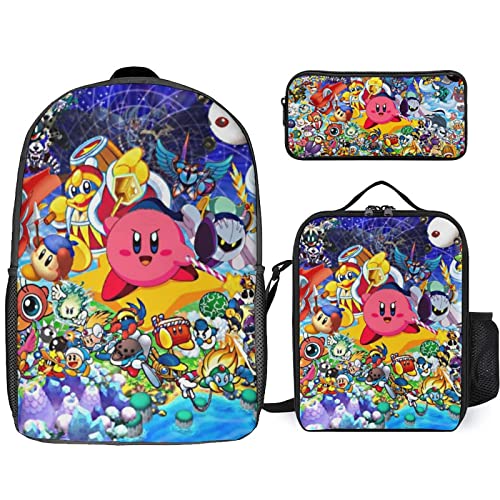 Mayeec Kir-By 3 Piece Backpack Set, Fashion Schoolbag with Lunch Box and Pencil Bag, 3D Print Laptops Bag Bookbag for Boys Girls