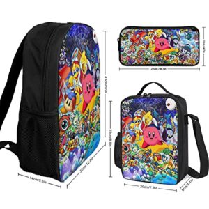 Mayeec Kir-By 3 Piece Backpack Set, Fashion Schoolbag with Lunch Box and Pencil Bag, 3D Print Laptops Bag Bookbag for Boys Girls