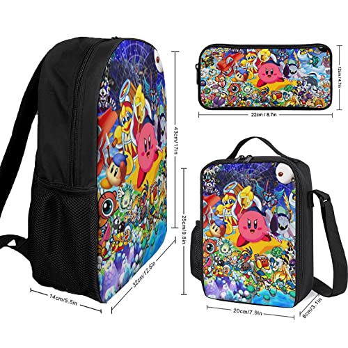 Mayeec Kir-By 3 Piece Backpack Set, Fashion Schoolbag with Lunch Box and Pencil Bag, 3D Print Laptops Bag Bookbag for Boys Girls