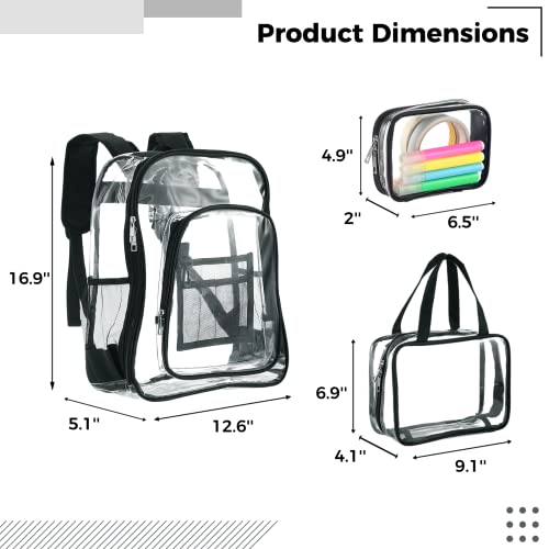 GEKMOR 3Pack Clear Backpack Set Stadium Approved, Transparent Backpack with See Through Lunch Bag and Pencil Case-Heavy Duty PVC