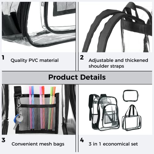 GEKMOR 3Pack Clear Backpack Set Stadium Approved, Transparent Backpack with See Through Lunch Bag and Pencil Case-Heavy Duty PVC