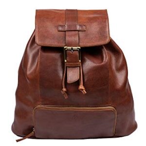 Zinda Genuine Leathers Unisex Backpack Drawstring Satchel Flap Over Book Bag Multiple Pockets Travel Bag (Cognac)