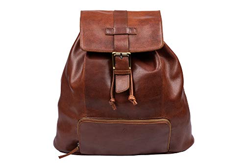 Zinda Genuine Leathers Unisex Backpack Drawstring Satchel Flap Over Book Bag Multiple Pockets Travel Bag (Cognac)