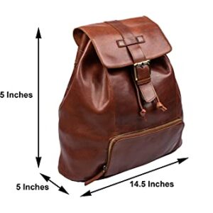 Zinda Genuine Leathers Unisex Backpack Drawstring Satchel Flap Over Book Bag Multiple Pockets Travel Bag (Cognac)