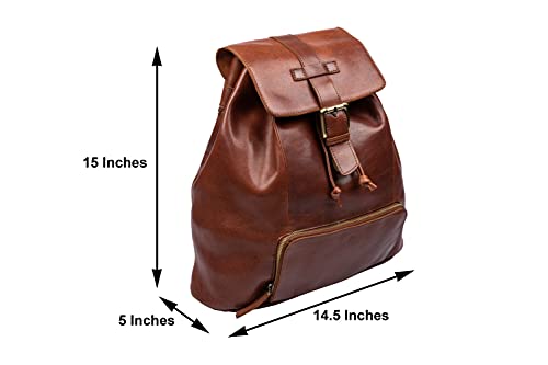 Zinda Genuine Leathers Unisex Backpack Drawstring Satchel Flap Over Book Bag Multiple Pockets Travel Bag (Cognac)