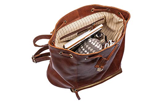 Zinda Genuine Leathers Unisex Backpack Drawstring Satchel Flap Over Book Bag Multiple Pockets Travel Bag (Cognac)