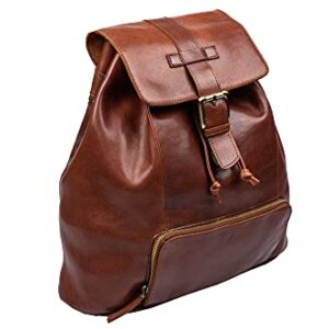 Zinda Genuine Leathers Unisex Backpack Drawstring Satchel Flap Over Book Bag Multiple Pockets Travel Bag (Cognac)