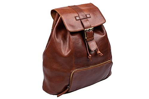 Zinda Genuine Leathers Unisex Backpack Drawstring Satchel Flap Over Book Bag Multiple Pockets Travel Bag (Cognac)