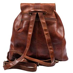 Zinda Genuine Leathers Unisex Backpack Drawstring Satchel Flap Over Book Bag Multiple Pockets Travel Bag (Cognac)